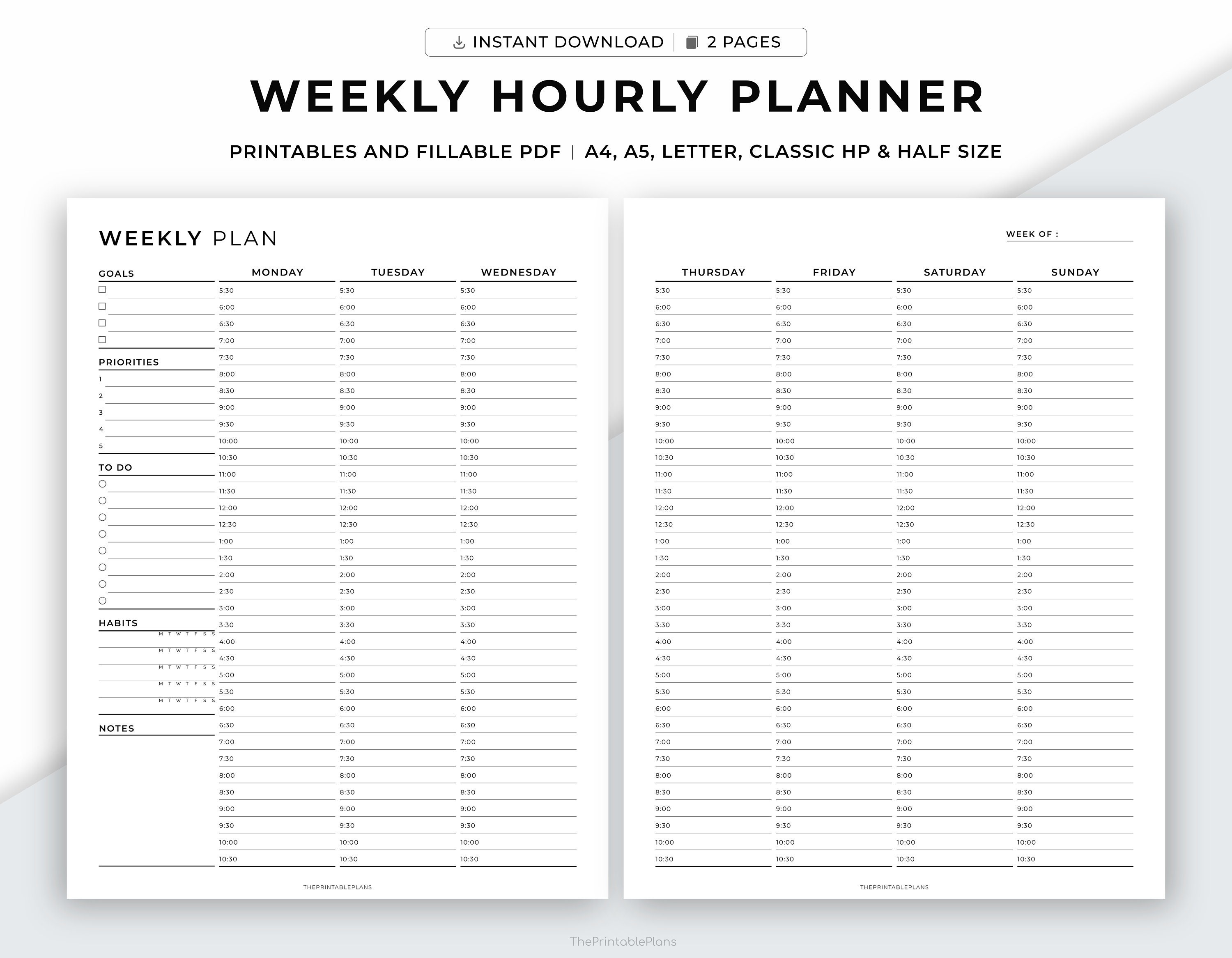 Weekly Hourly Planner Printable, Weekly Schedule, Daily Planner ...