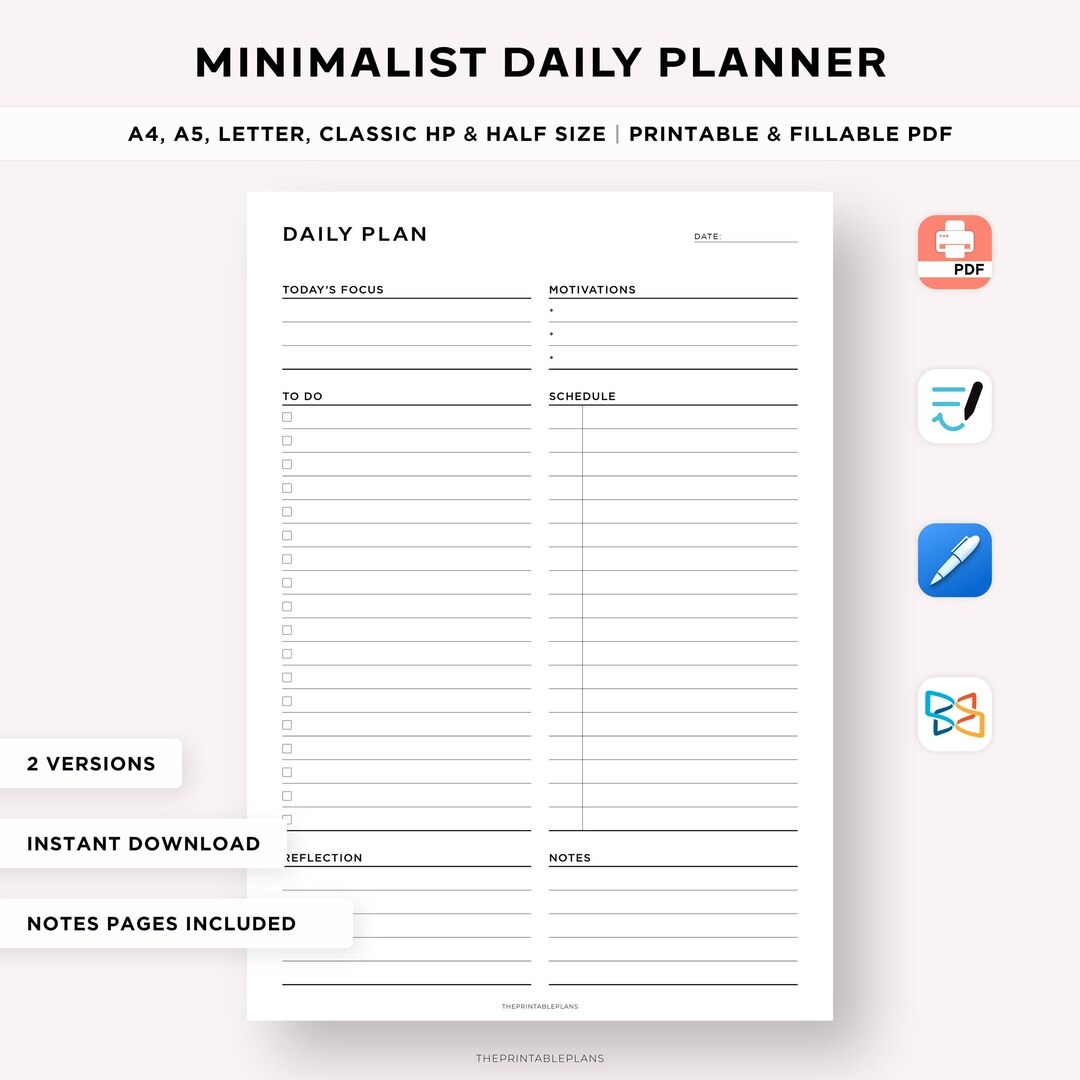 Minimalist Daily Planner Printable, Daily Agenda, to Do Planner ...