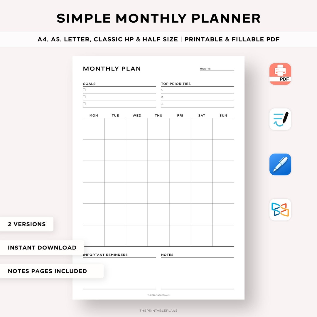 Simple Monthly Planner, Monthly Goal Planner, Monthly Overview, Monthly ...