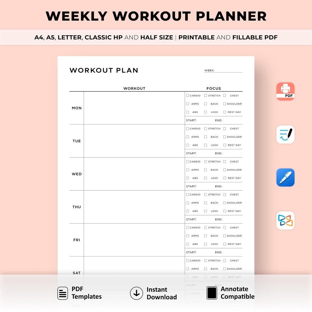 Weekly Workout Planner Printable, Workout Tracker, Health Journal ...