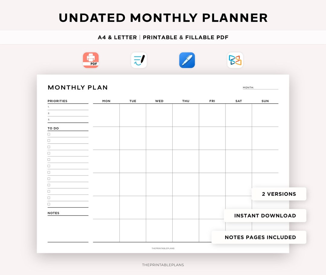 Undated Monthly Planner Landscape, Monthly Organizer, Blank Calendar ...