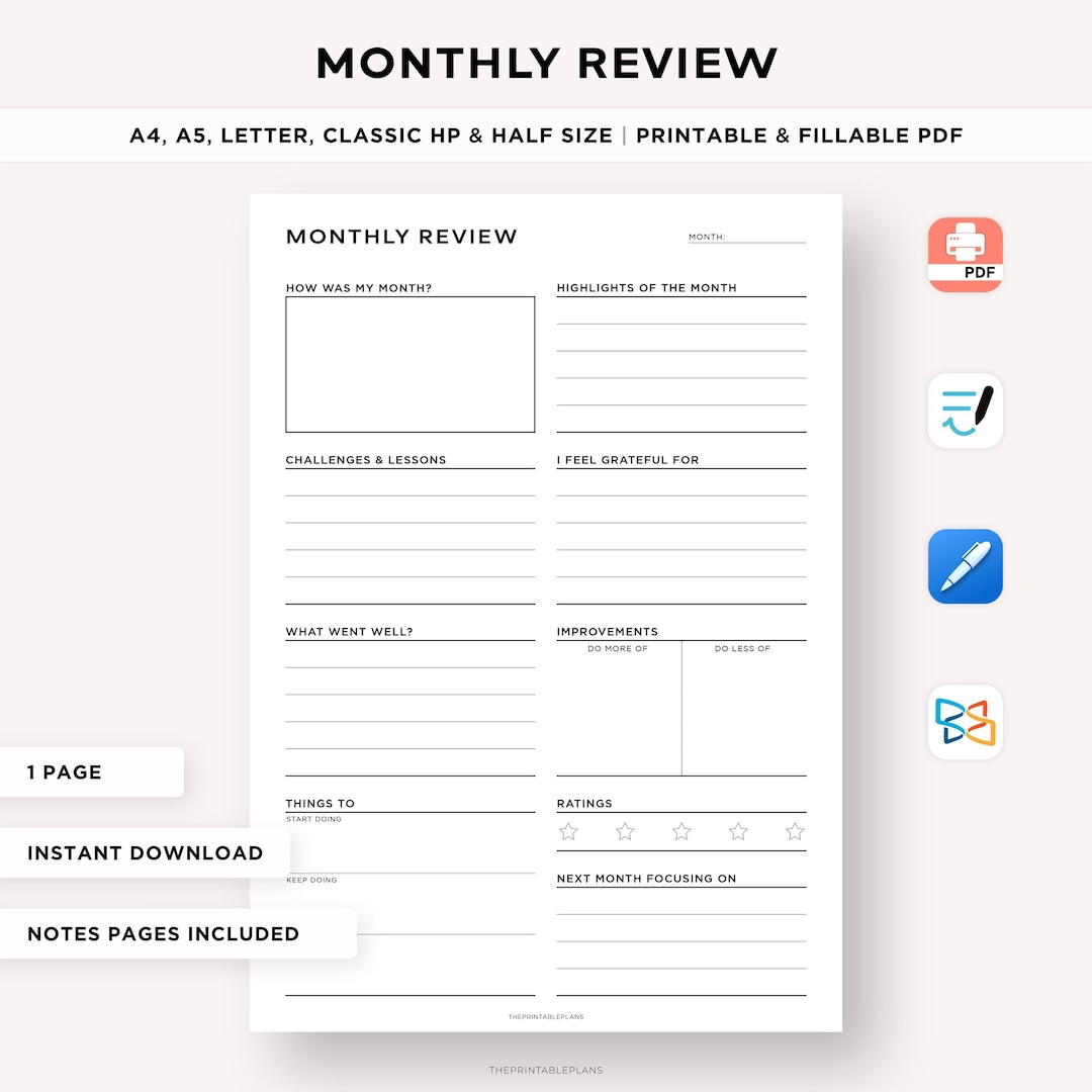 Monthly Review Printable Monthly Reflection Monthly Evaluation
