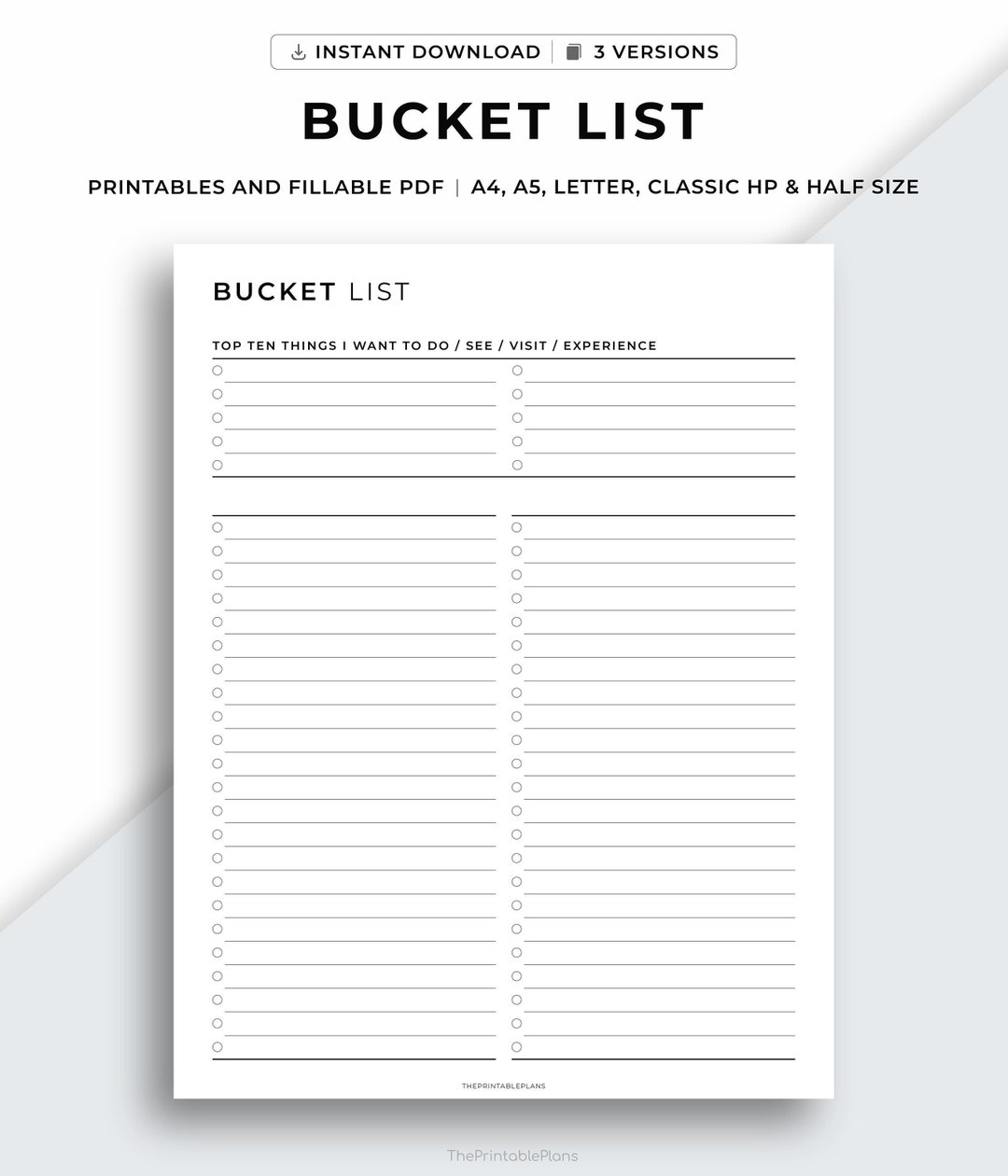 Bucket List Printable, Life Goals Planner, to Do List Plan, Bucket List ...