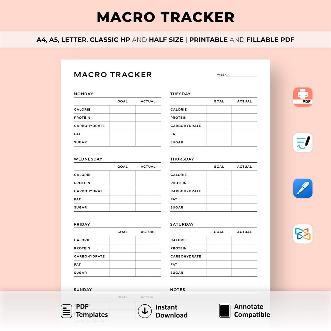 Macro Tracker Printable, Weekly Macro Tracker, Calorie Tracker, Protein ...