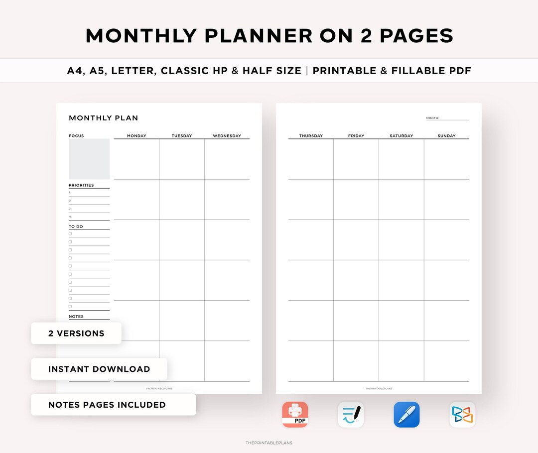 Monthly Planner on Two Pages, Month at a Glance, Monthly Agenda ...