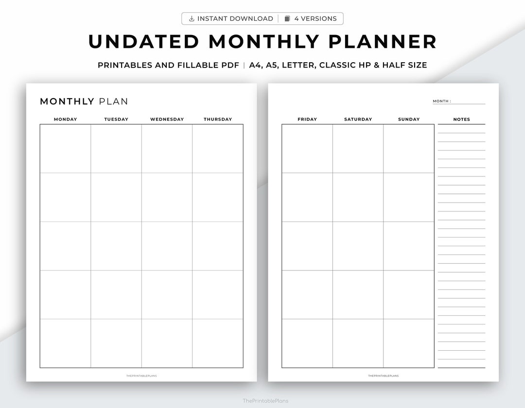 Undated Monthly Planner Printable, Month on Two Pages, Month at a ...