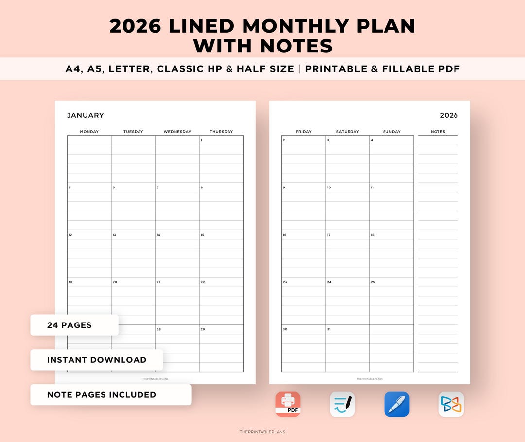 2026 Lined Monthly Planner With Notes, 2026 Monthly Calendar, Dated ...