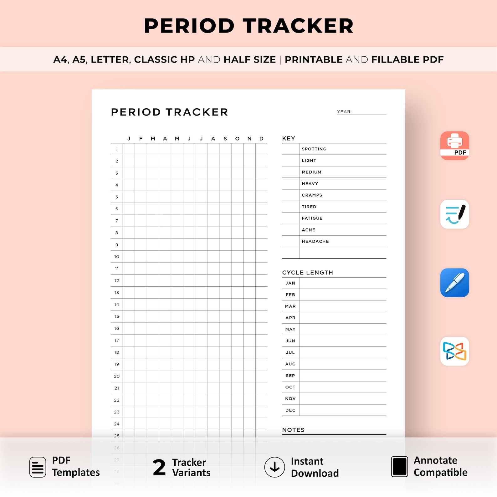 Printable Period Tracker, Menstrual Cycle Log (a4/a5/letter/hp/half ...
