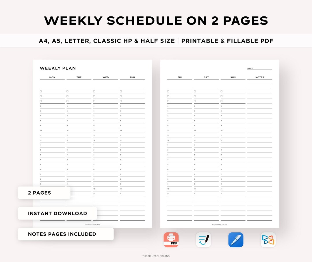 Hourly Weekly Schedule, Weekly Planner Printable, Week at a Glance ...