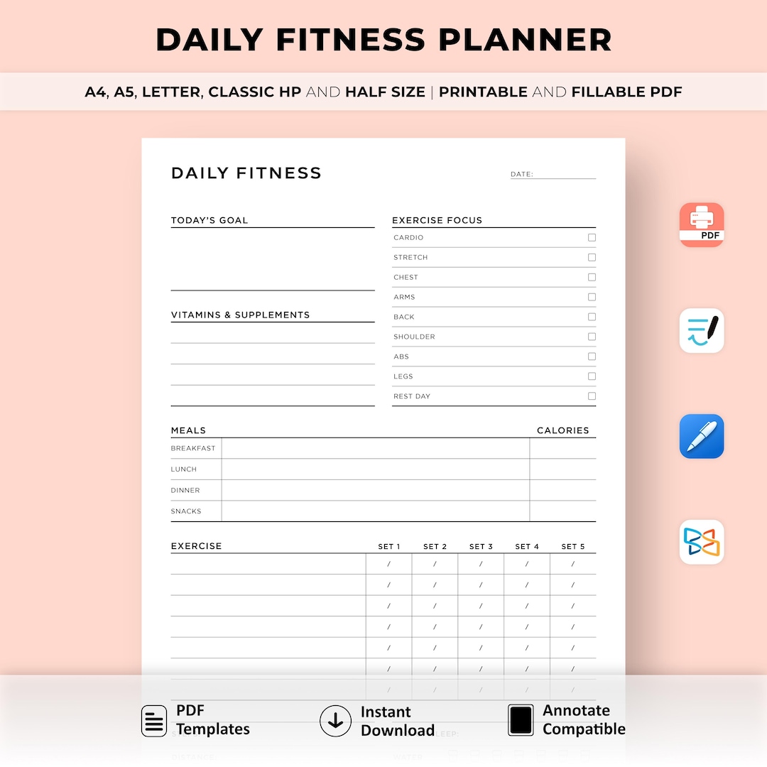Daily Fitness Planner Printable, Workout Planner, Health Planner, Meal ...