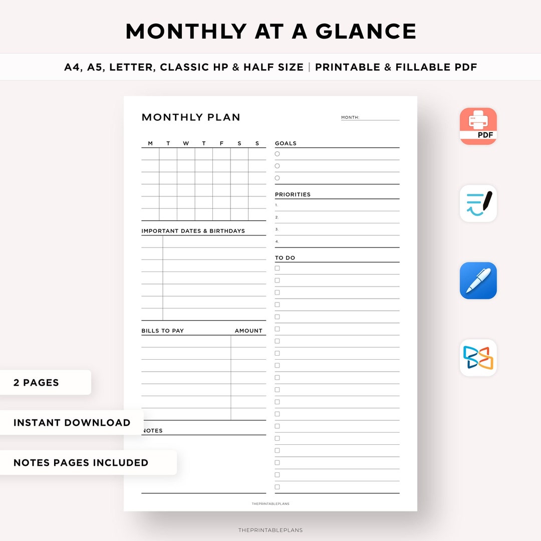 Month at a Glance Printable, Monthly Planner, Monthly Goal Planner, to ...
