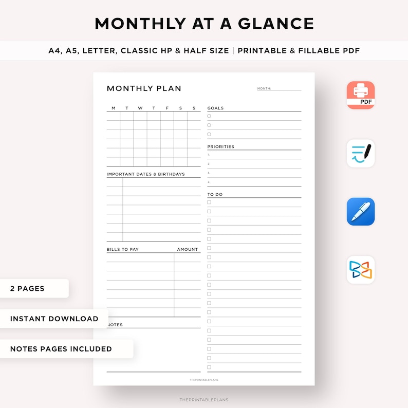 Month at a Glance Printable, Monthly Planner, Monthly Goal Planner, to ...