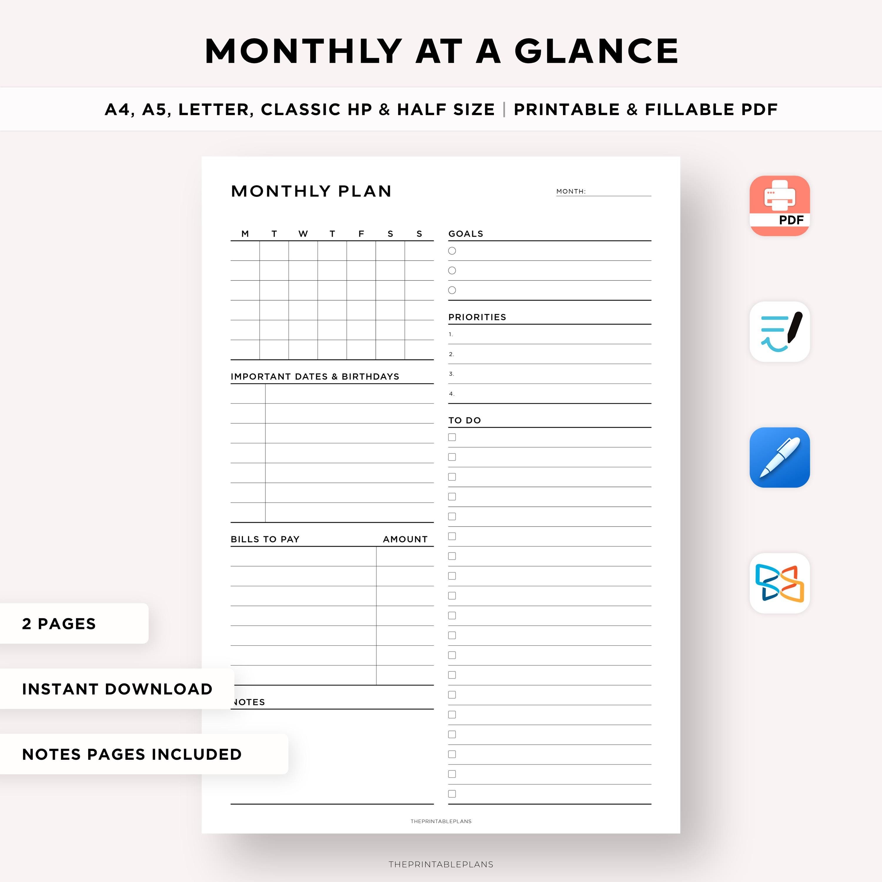 Month at a Glance Printable, Monthly Planner, Monthly Goal Planner, to ...