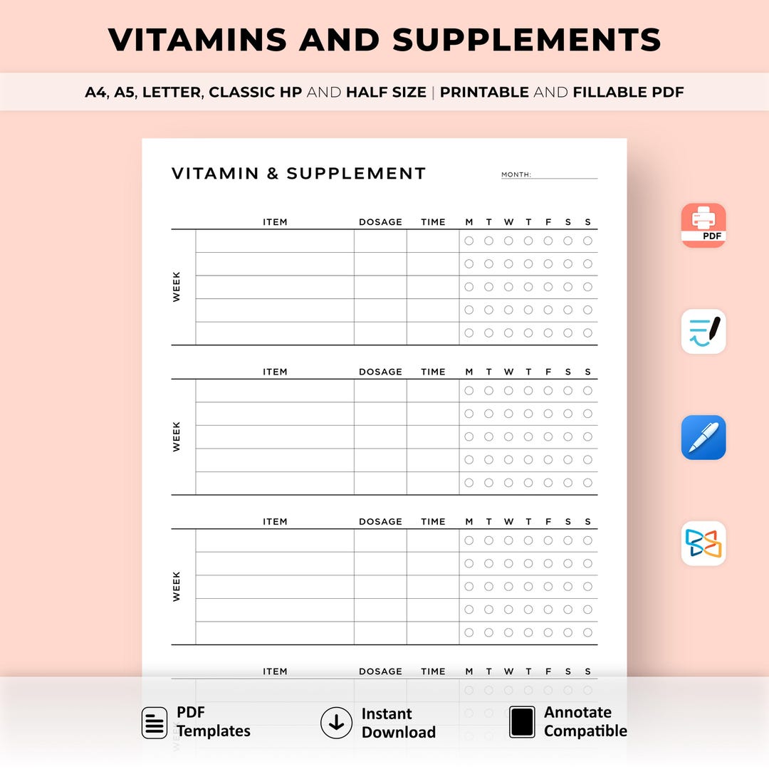 Monthly Vitamin Tracker Printable, Supplement Checklist, Vitamin İntake ...