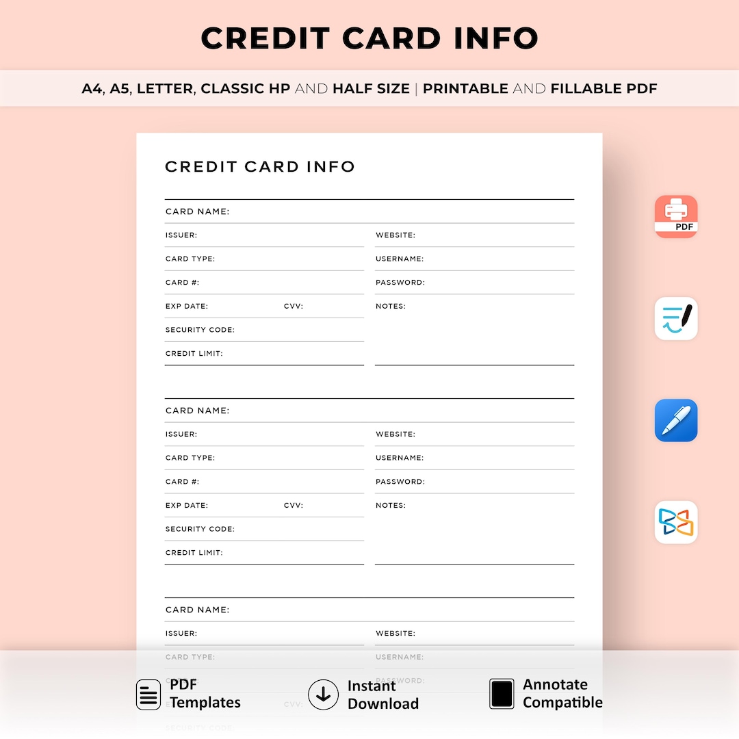 Credit Card Information Tracker Printable, Credit Card Info Sheet ...