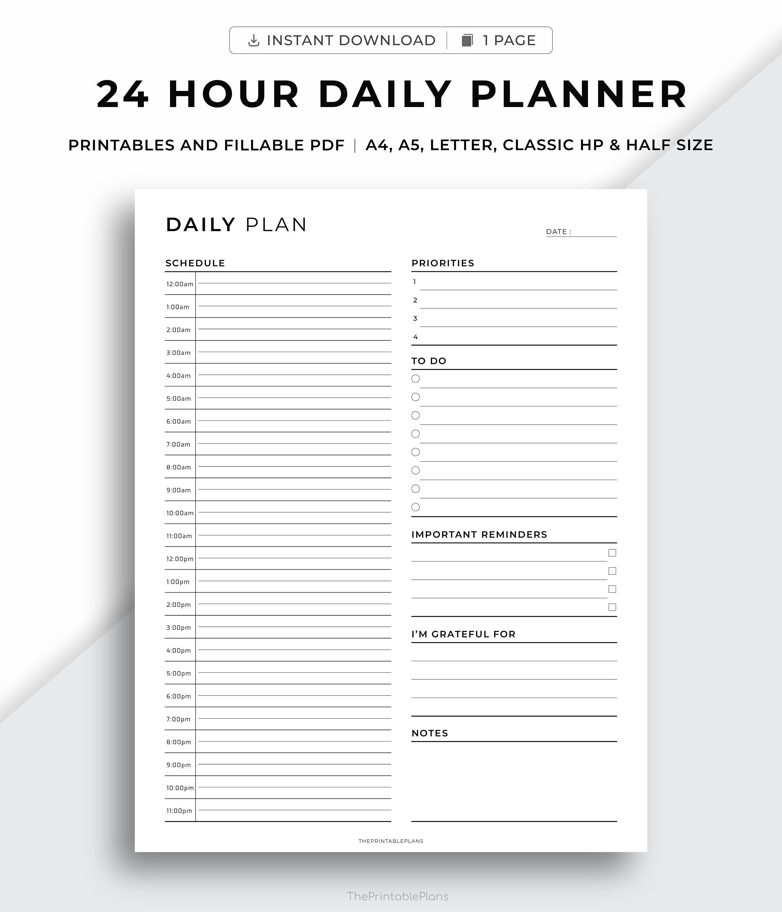 24 Hour Daily Planner Printable, Hourly Planner, Daily Planner, to Do ...