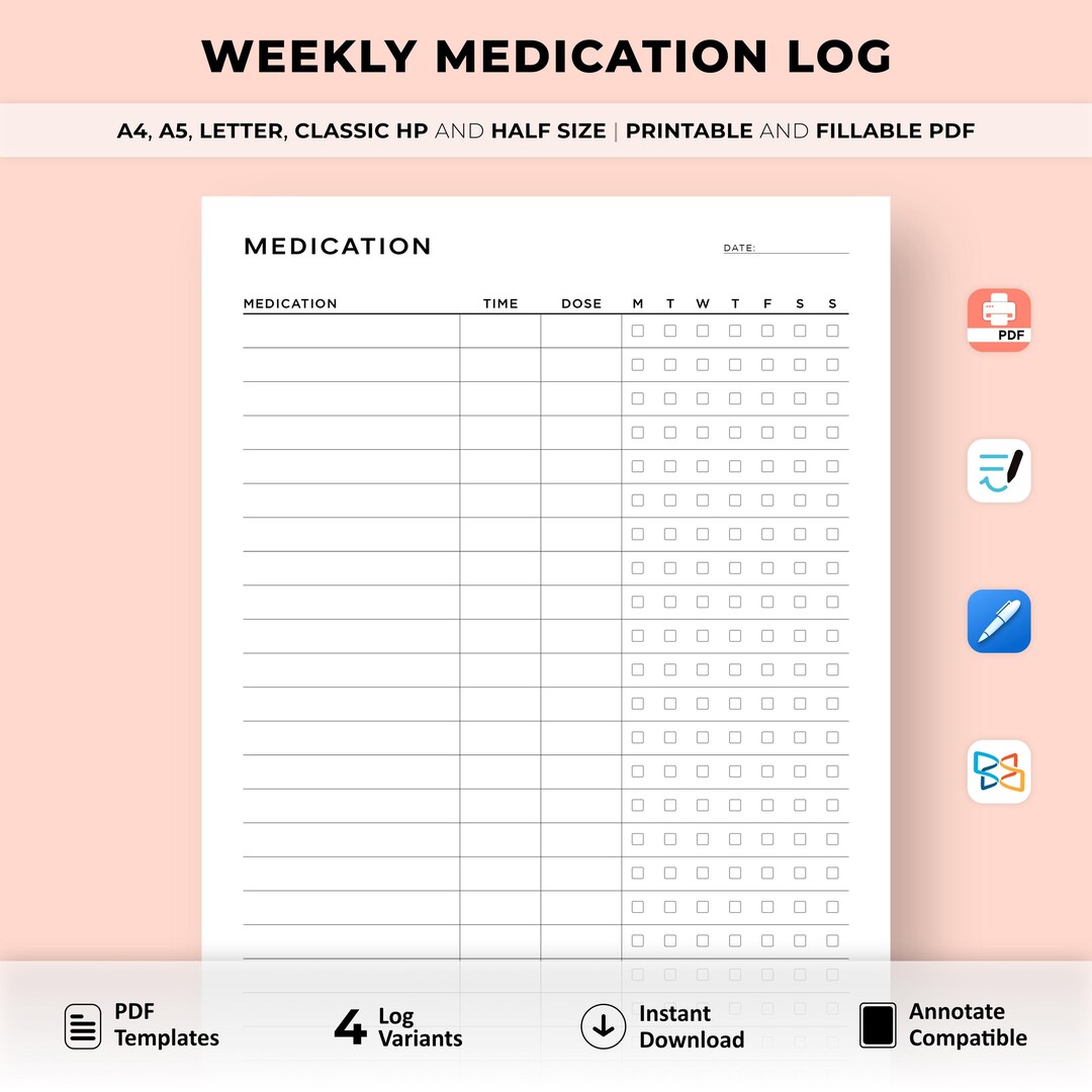 Medication Tracker Printable, Weekly Medication Log, Medication Intake ...