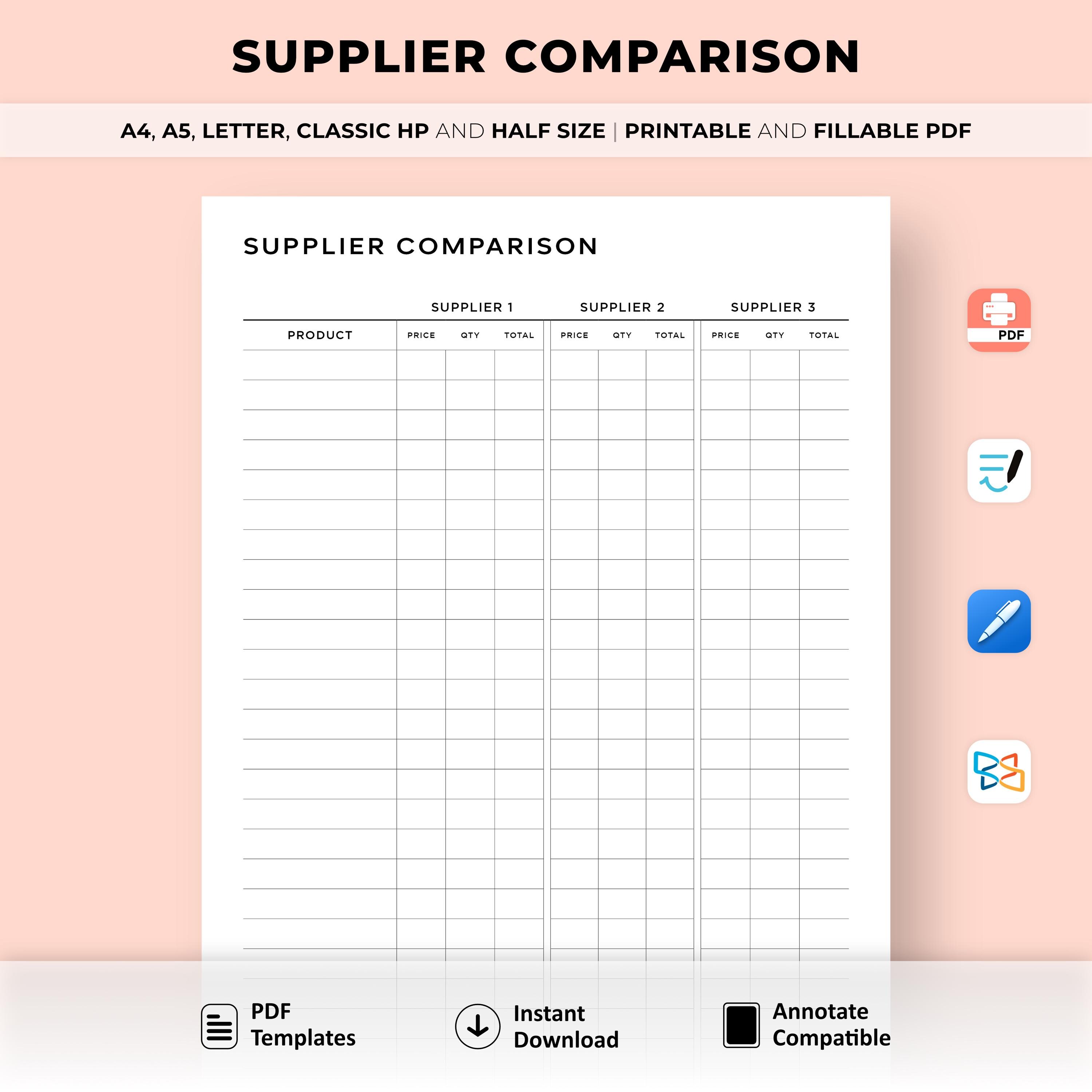 Supplier Comparison Sheet Printable, Product Supplier Cost Comparison ...