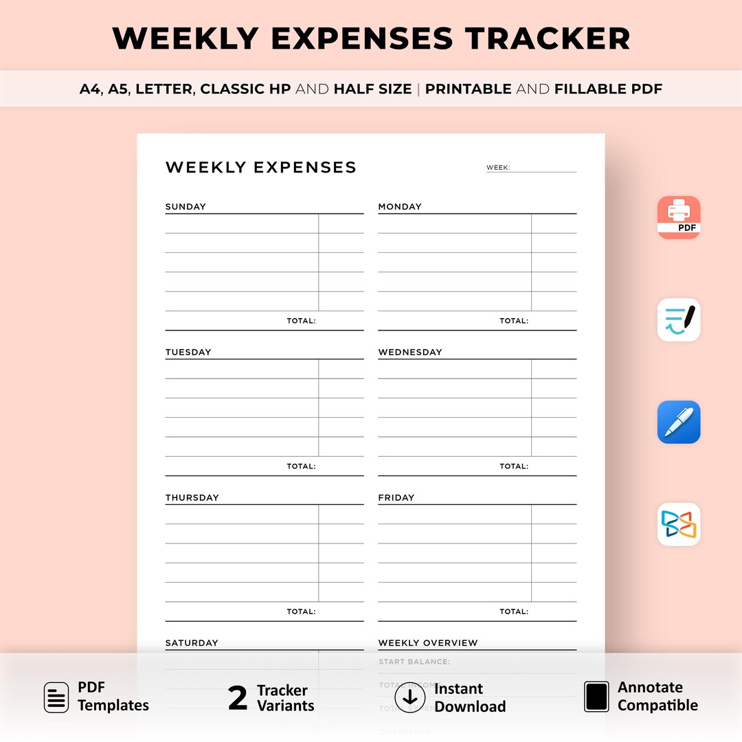 Weekly Expenses Tracker Printable, Expense Log, Spending Tracker ...