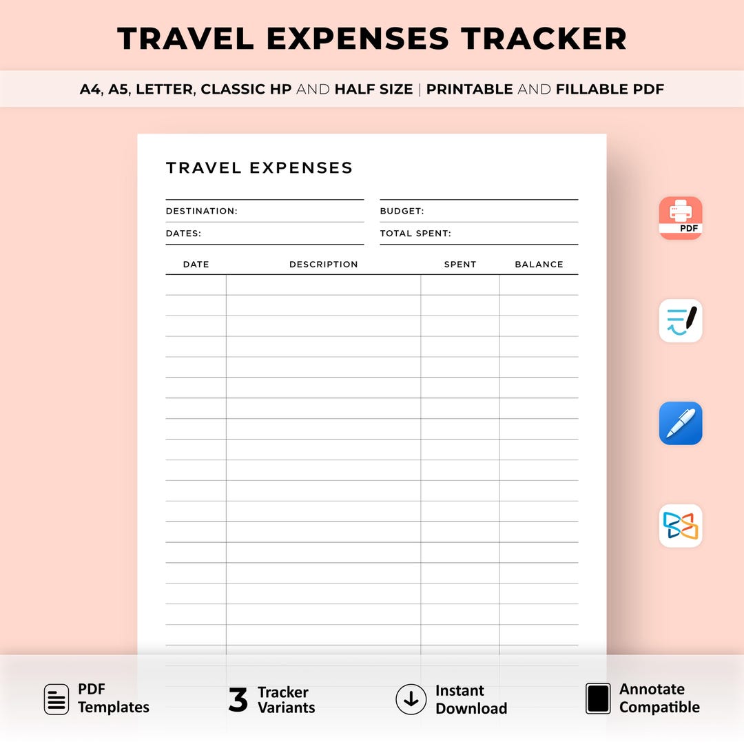 Simple Travel Expenses Tracker Printable, Vacation Spending Log, Daily ...