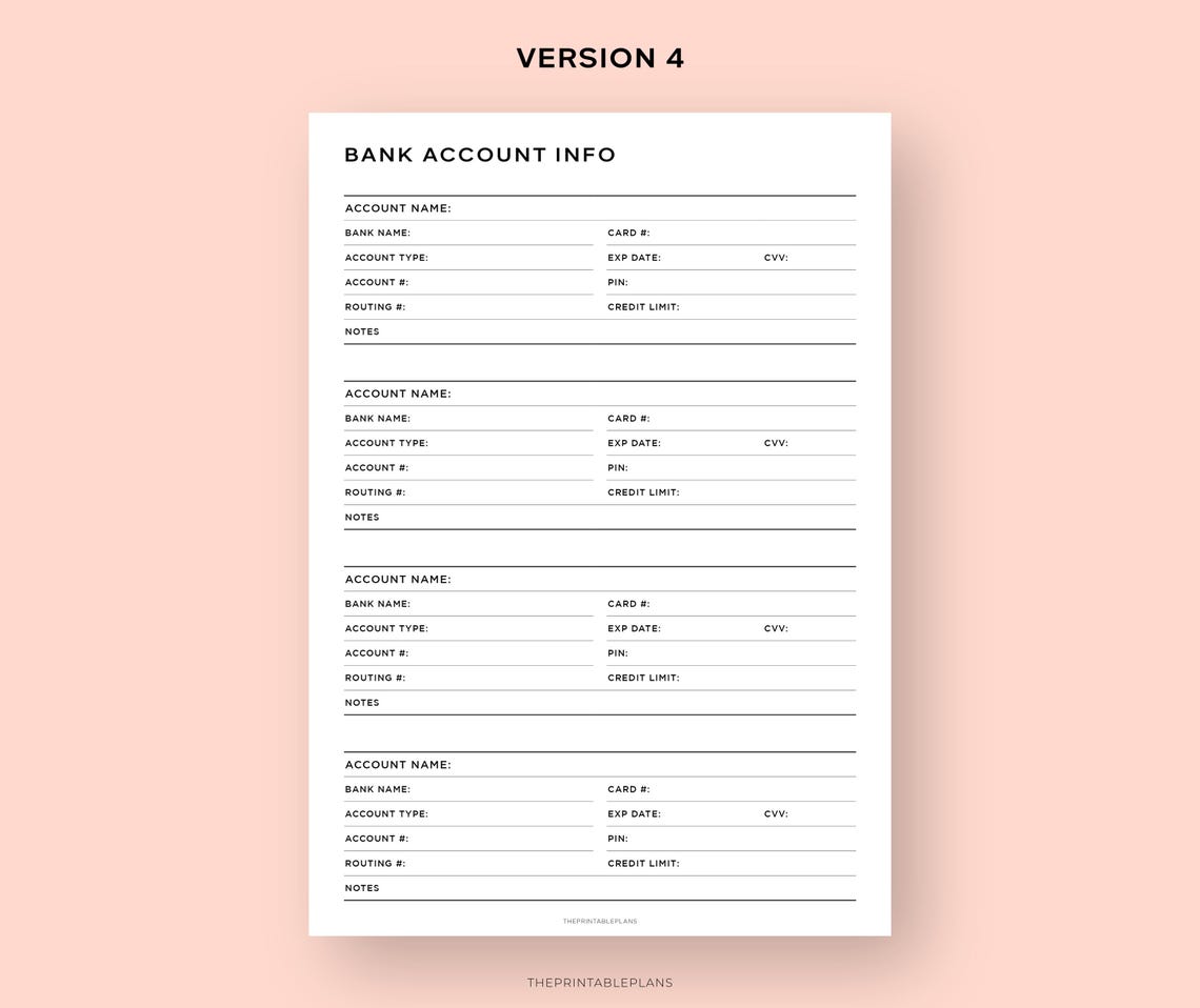 Bank Account Information Tracker, Bank Account Log, Bank Details, A4/a5 ...
