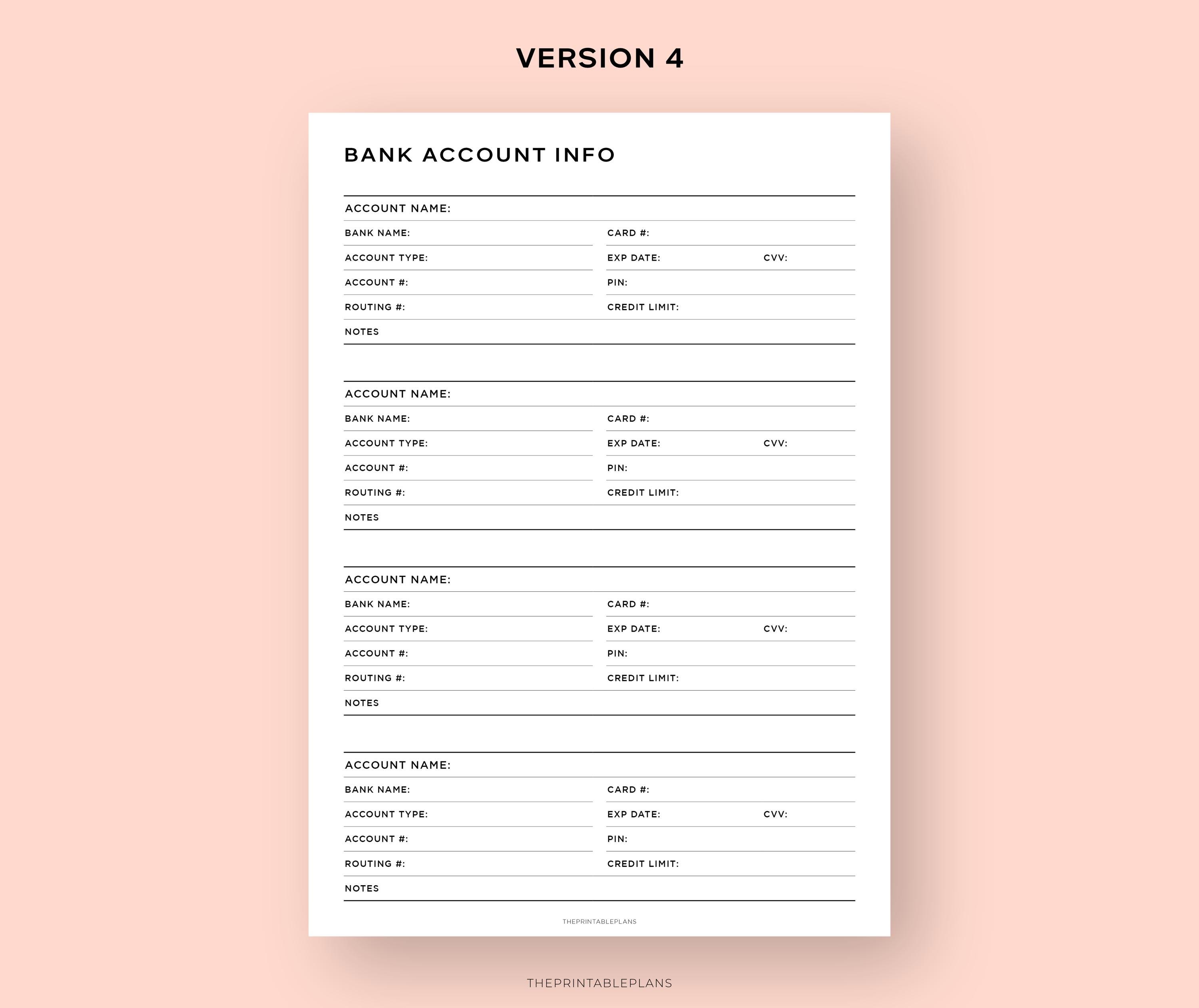 Bank Account Information Tracker, Bank Account Log, Bank Details, A4/a5 ...