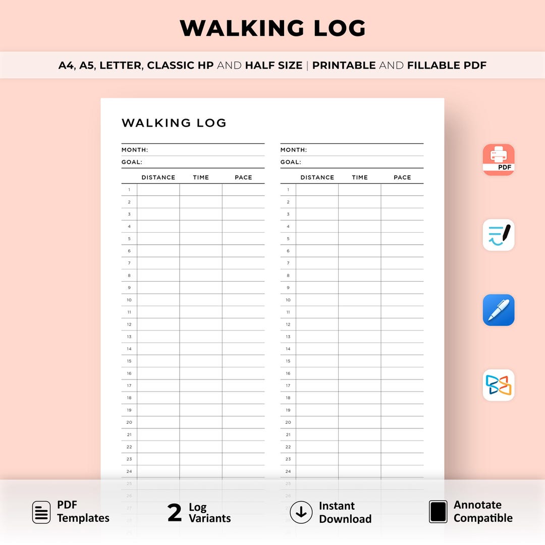 Walking Log Printable, Walking Tracker, Step Tracker, Health & Fitness ...