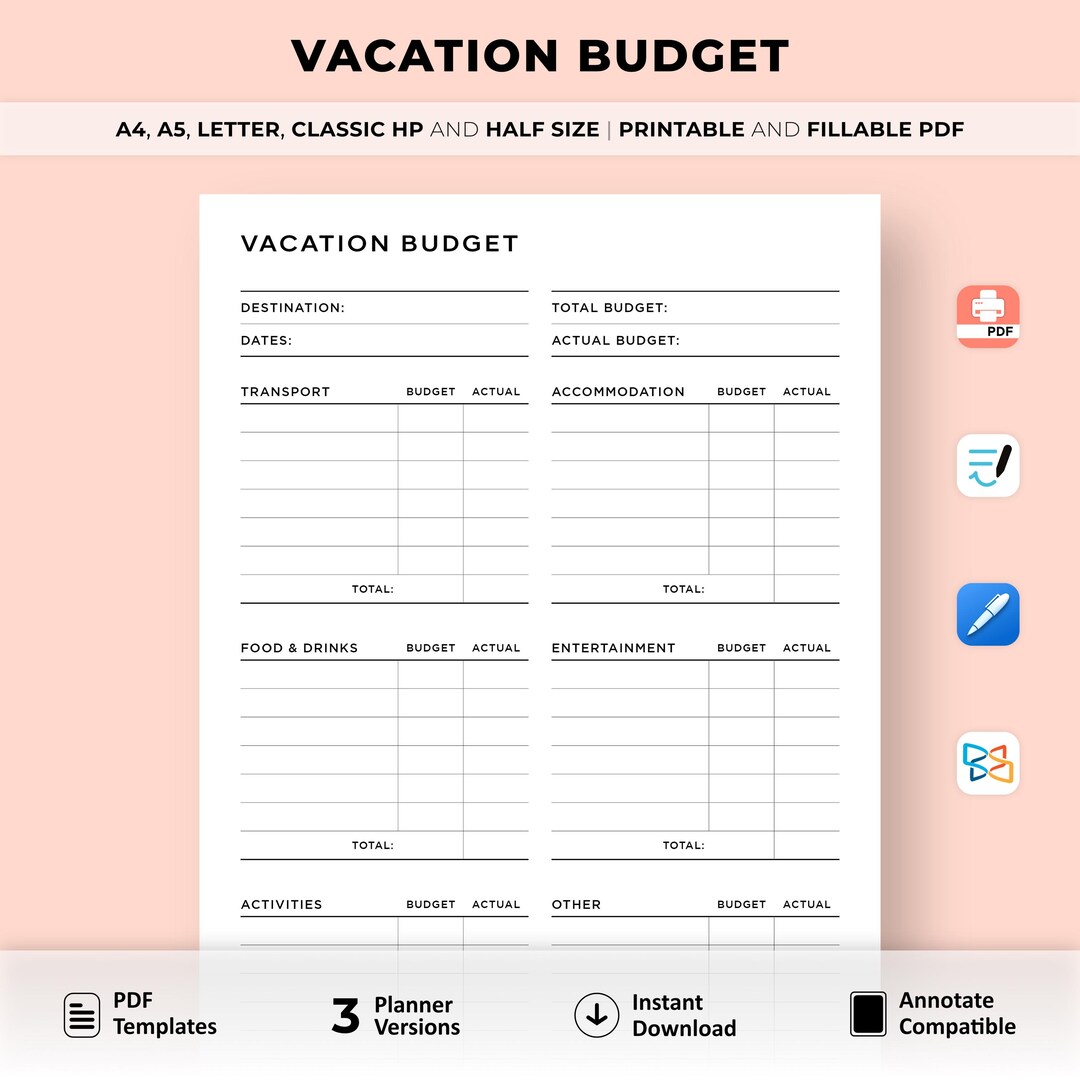 Vacation Budget Planner Printable, Travel Planner, Travel Spending ...