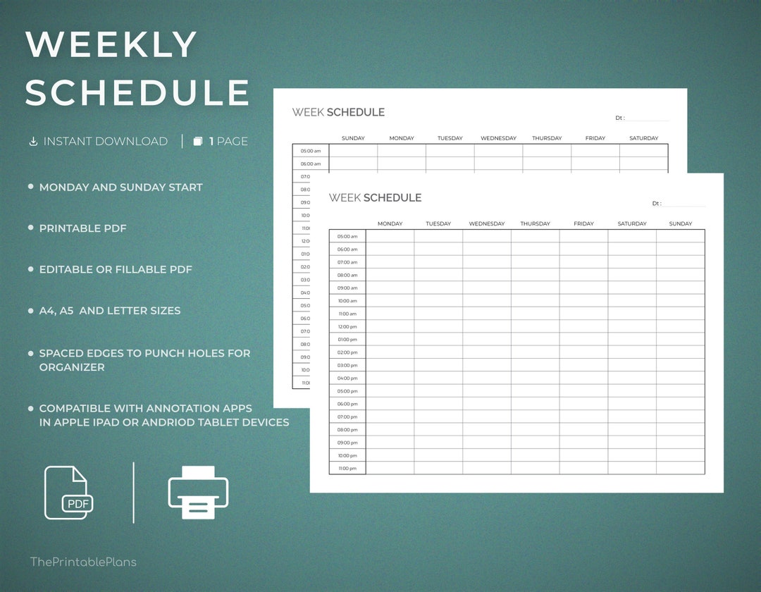 Printable Weekly Schedule Planner Week Hourly Schedule - Etsy