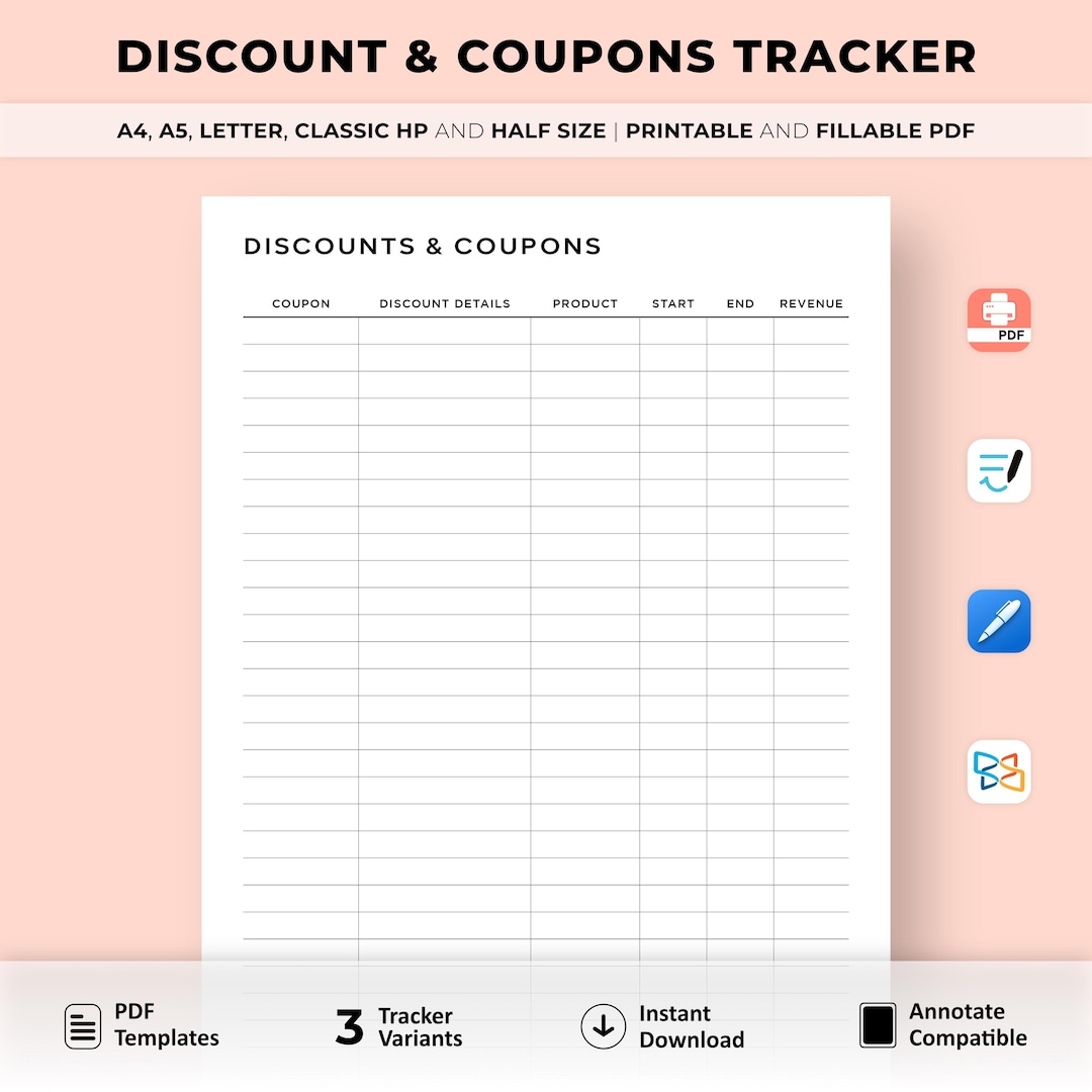Discounts & Coupons Tracker Printable, Business Coupon Planner, Promo ...