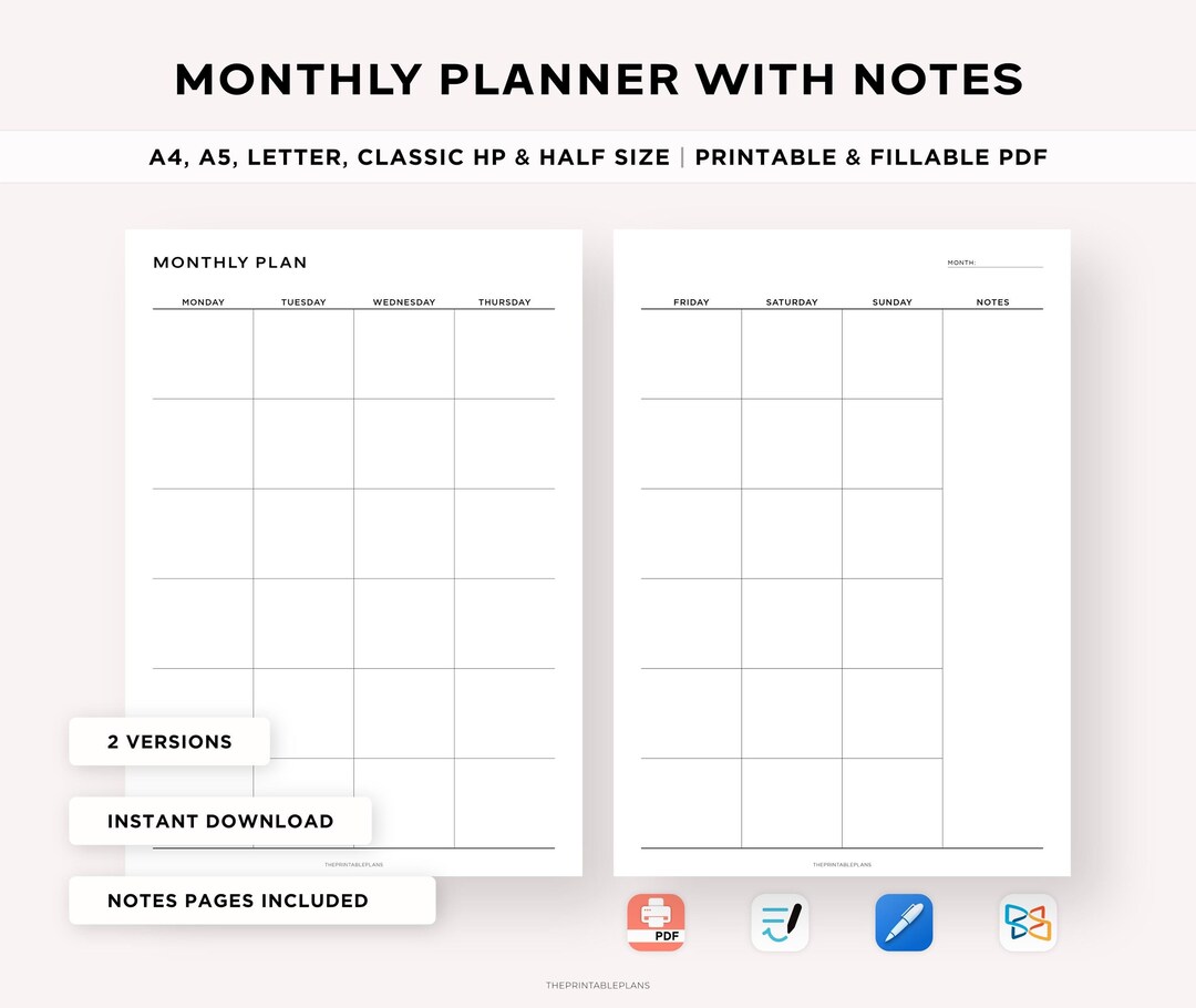 Undated Monthly Planner Printable, Month on Two Pages, Month at a ...