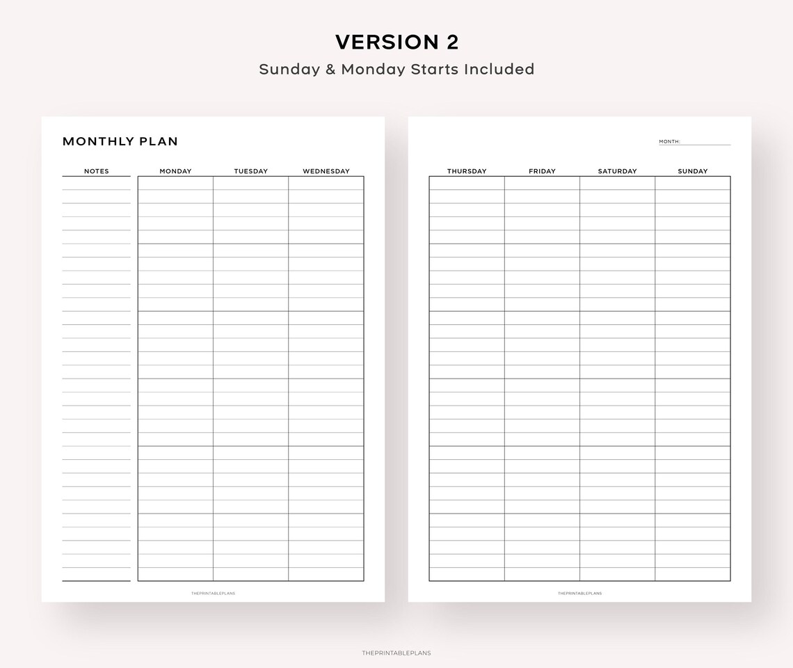 Lined Monthly Planner Printable, Month on 2 Pages, Monthly Calendar ...