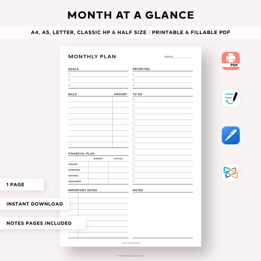 Month at a Glance, Monthly Planner Printable, Goal Planner, to Do List ...
