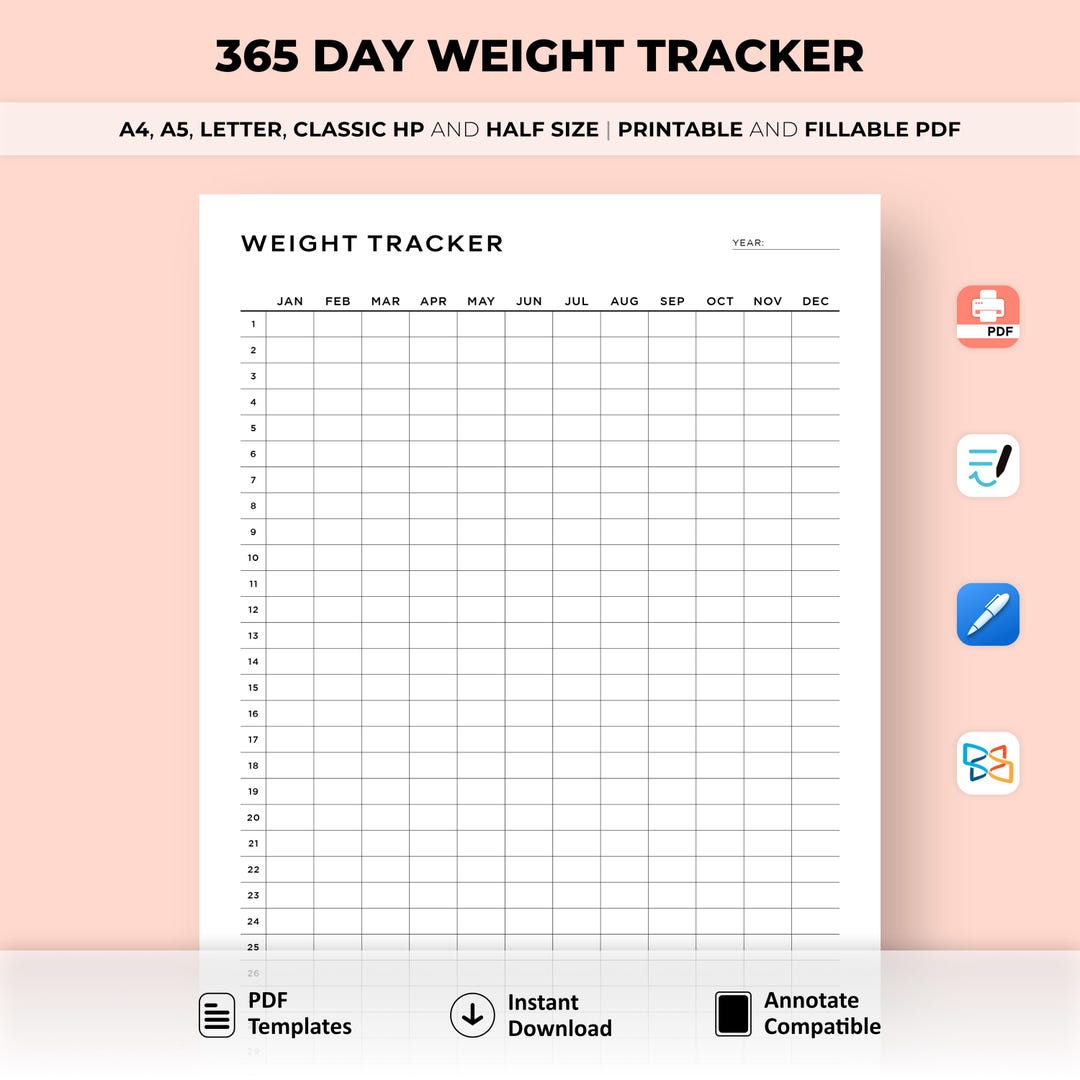 365 Day Weight Tracker Planner Insert Printable, Daily Weight Journal ...