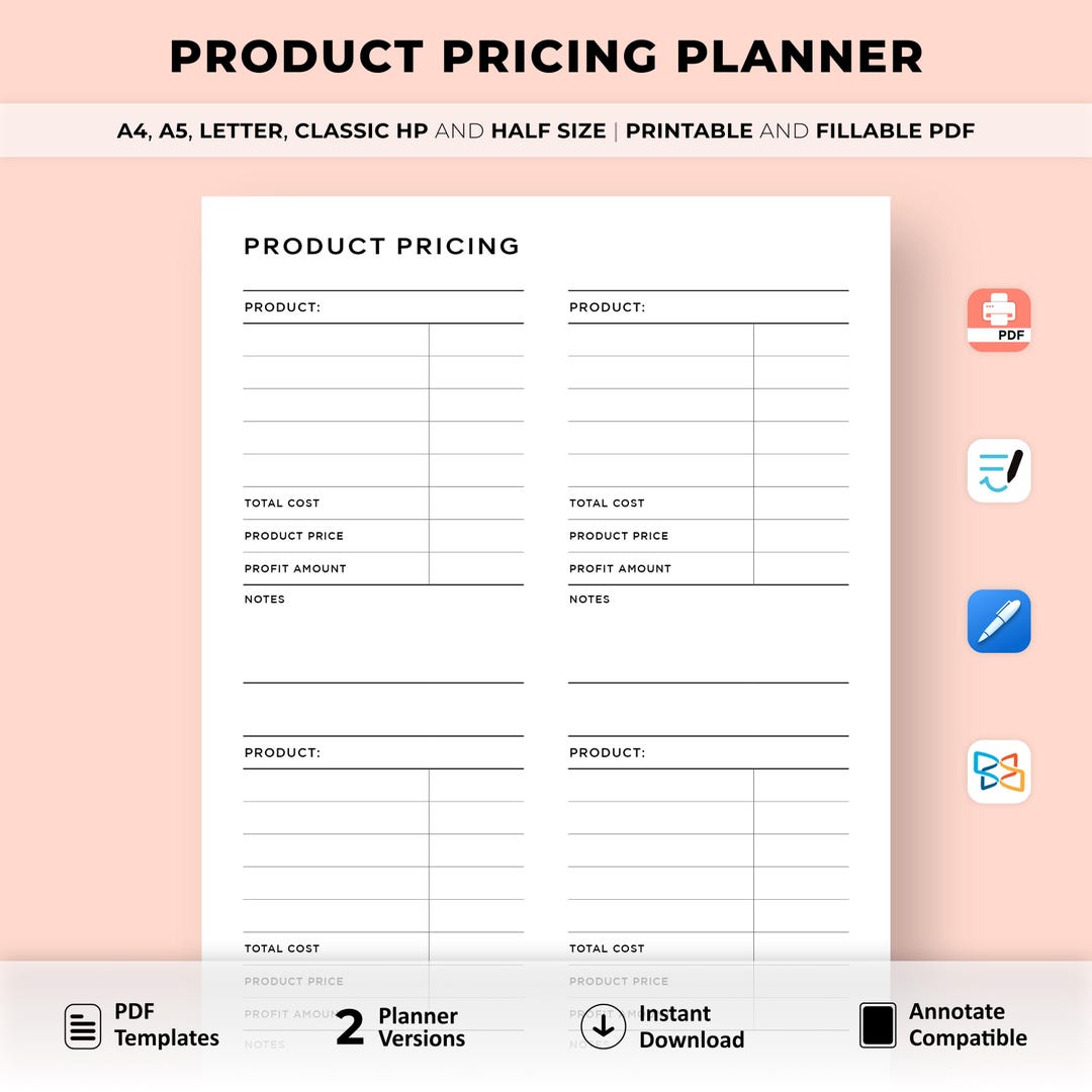 Product Pricing Template Printable, Item Price Worksheet, Product Price ...