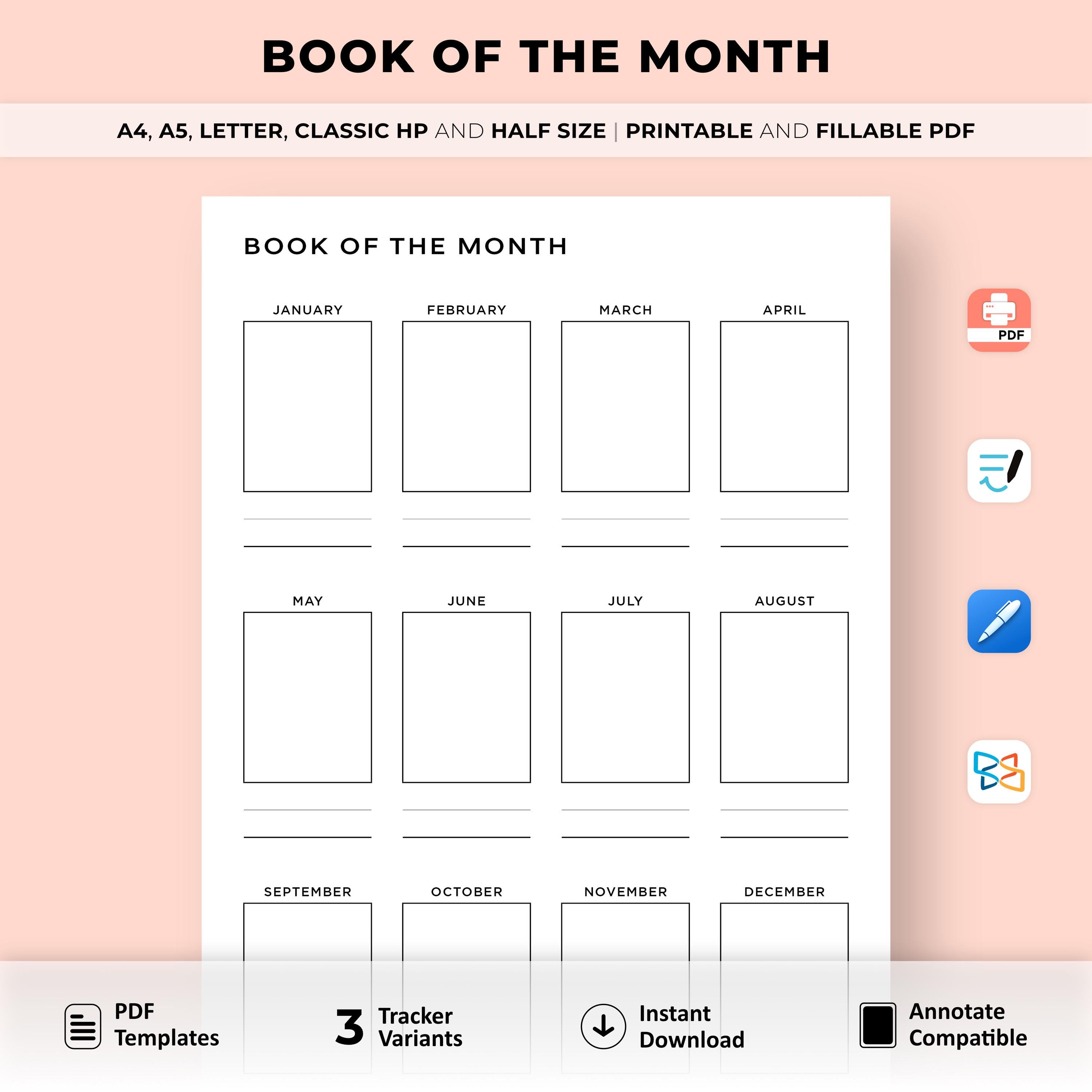 Book of the Month Planner Printable, Monthly Reading List Log Tracker ...