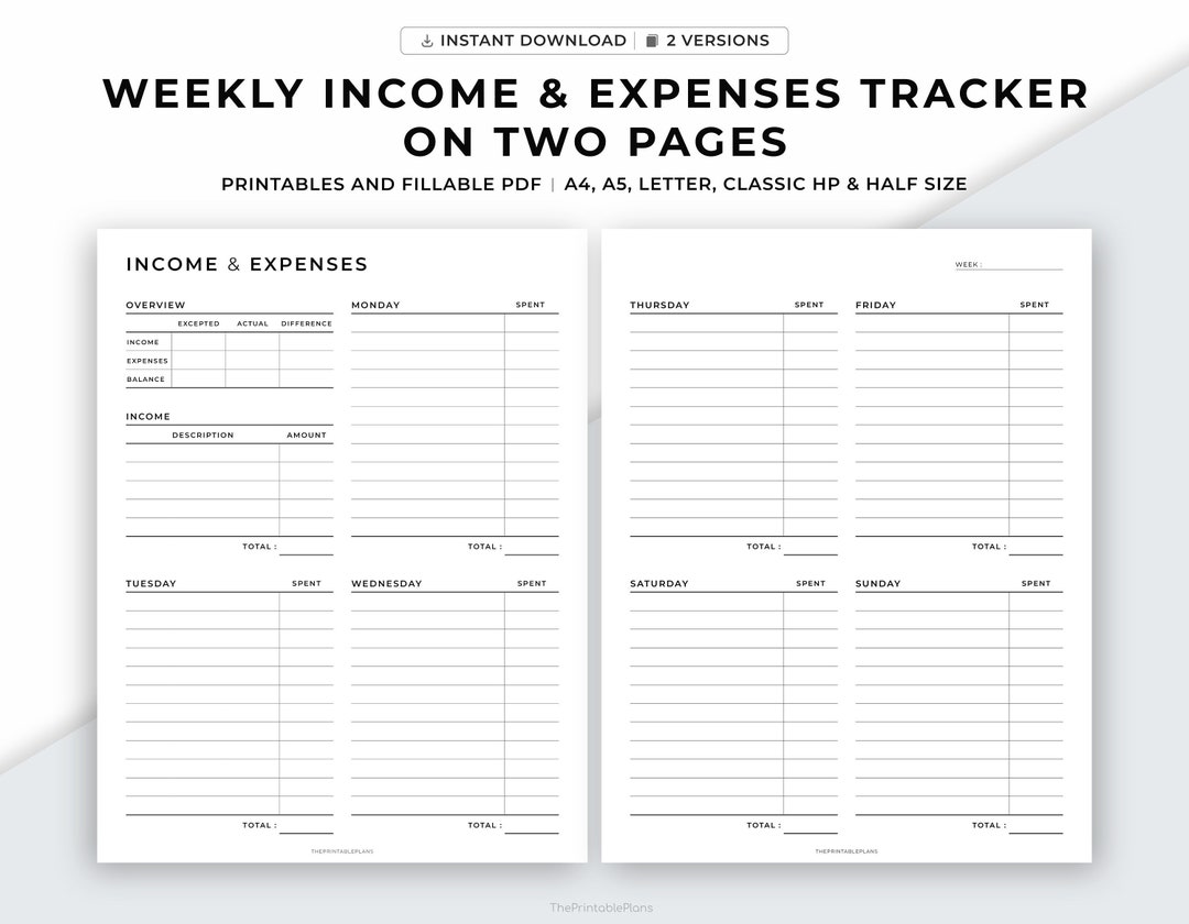Weekly Income & Expense Tracker on Two Pages, Income Tracker, Expense ...