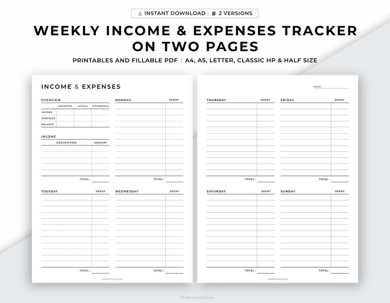 Weekly Income & Expense Tracker on Two Pages, Income Tracker, Expense ...