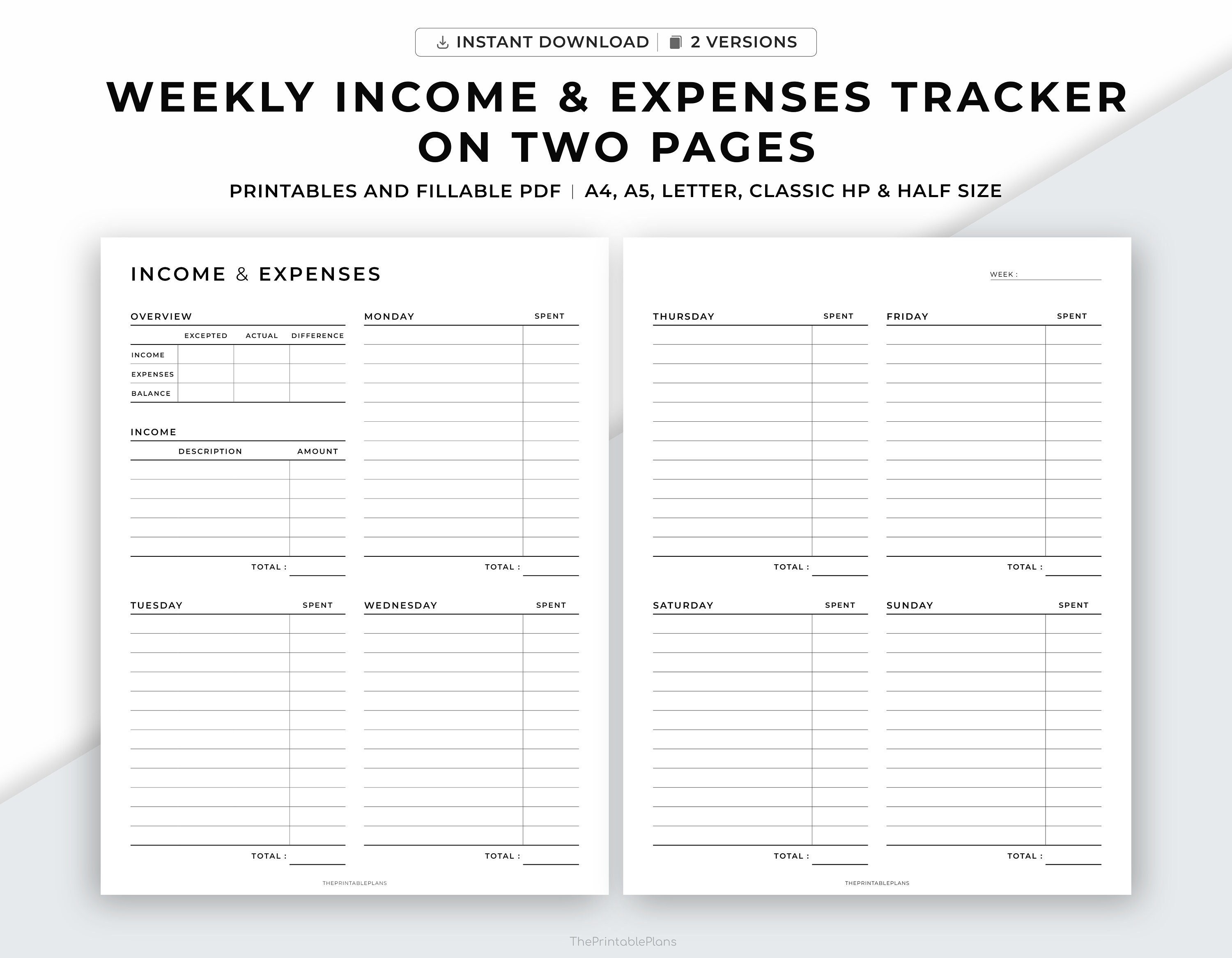 Weekly Income & Expense Tracker on Two Pages, Income Tracker, Expense ...