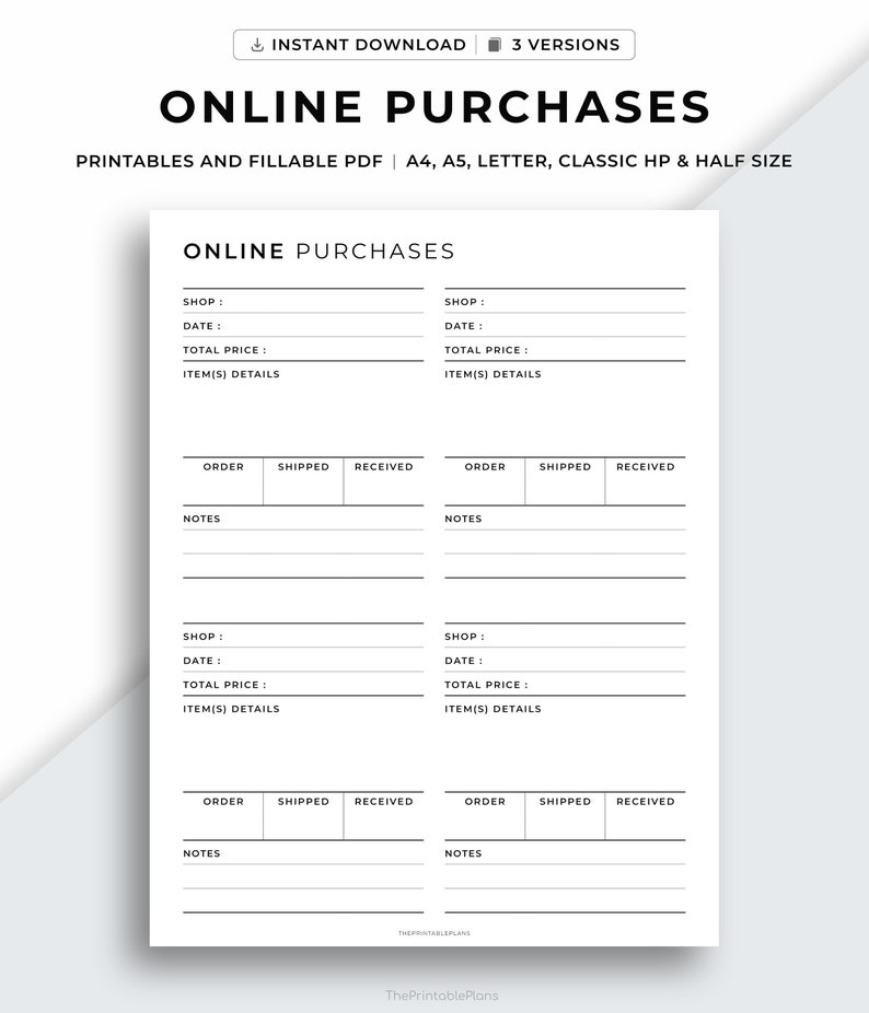 Online Purchases Tracker Printable, Order Tracker Template, Shopping ...