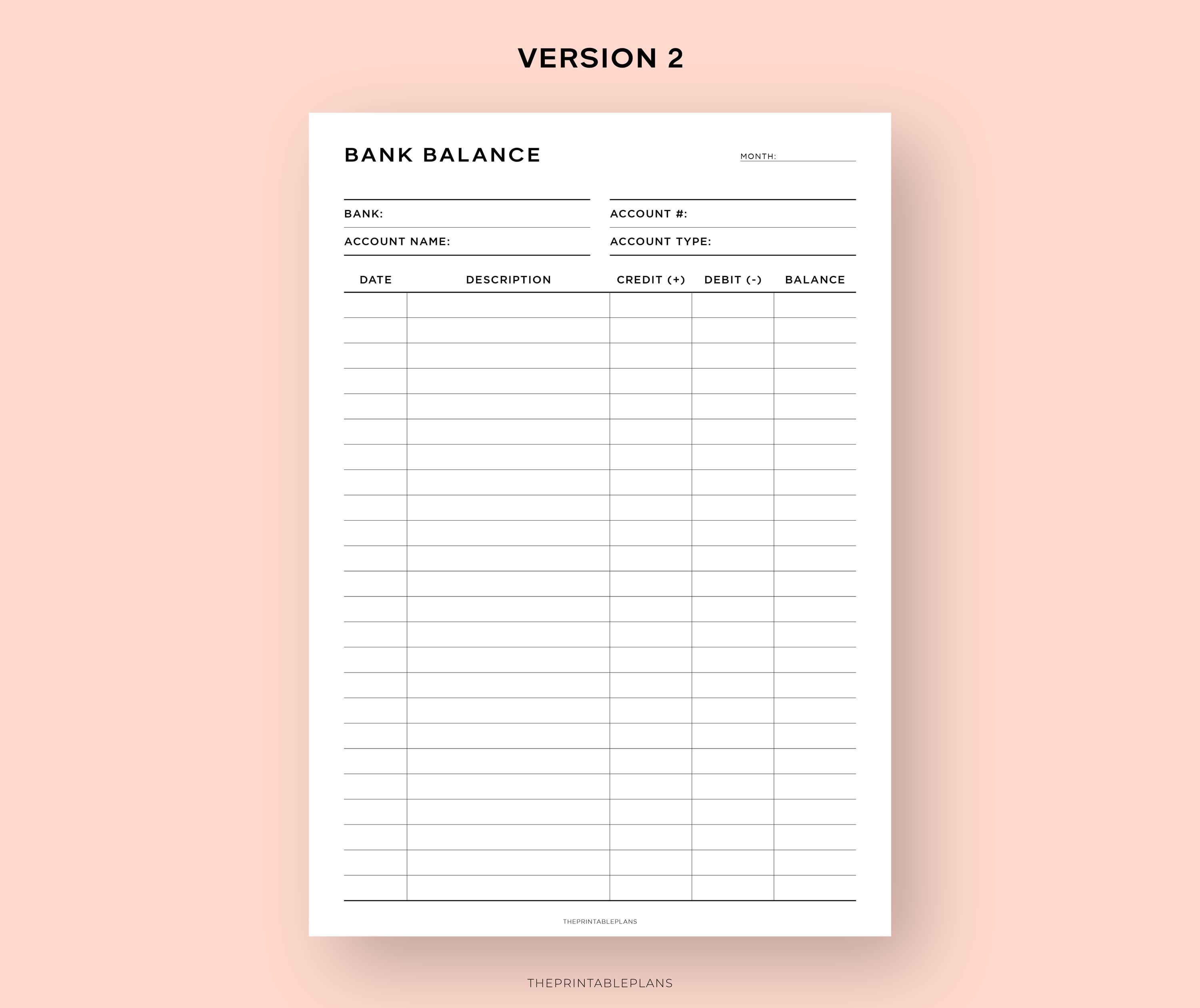 Bank Balance Sheet Printable, Bank Account Transactions Tracker, Bank ...