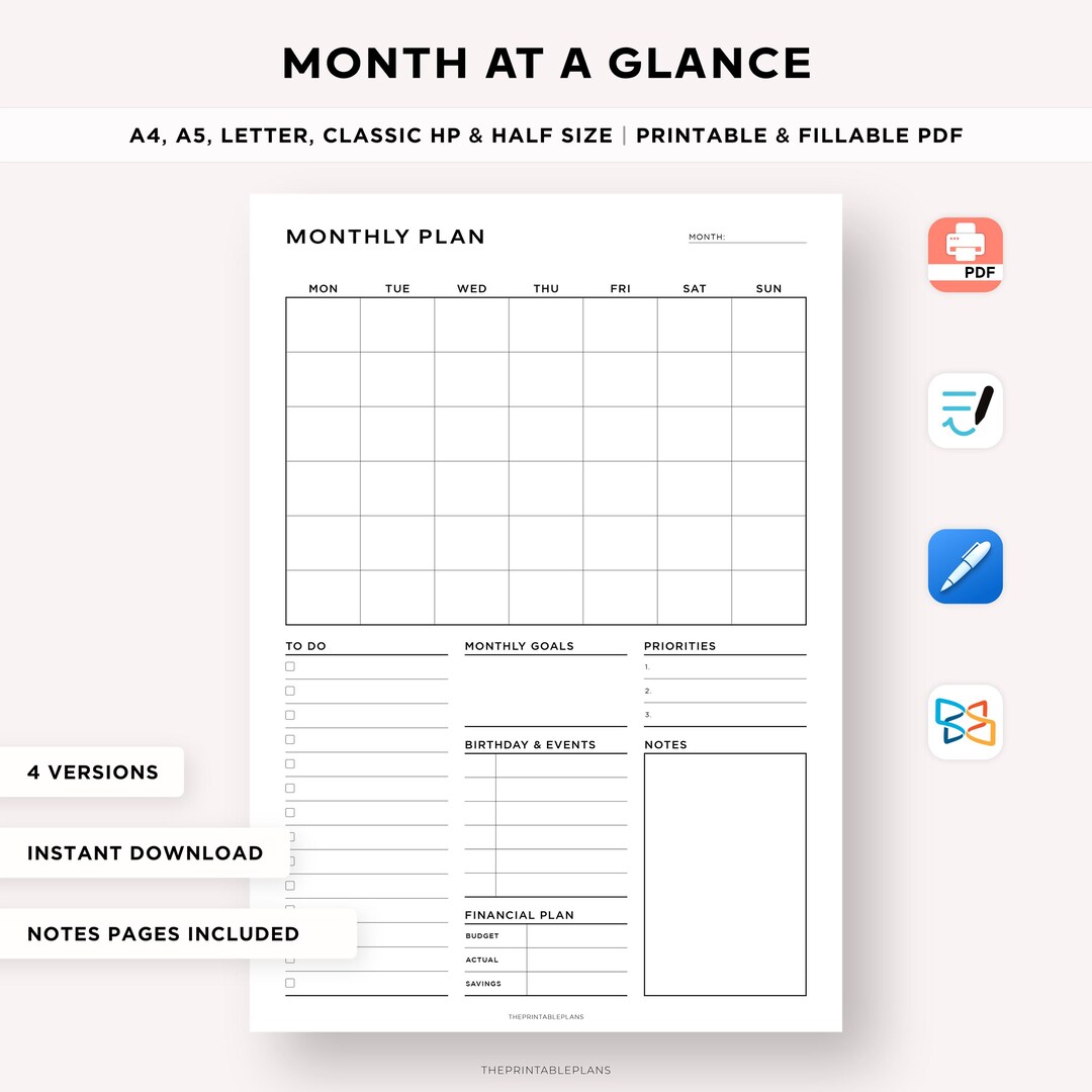 Month at a Glance, Monthly Planner Printable, Monthly Organizer, Blank ...