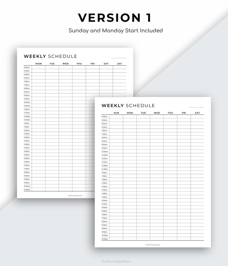 Half Hour Weekly Schedule, Weekly Planner Printable, Week at a Glance ...
