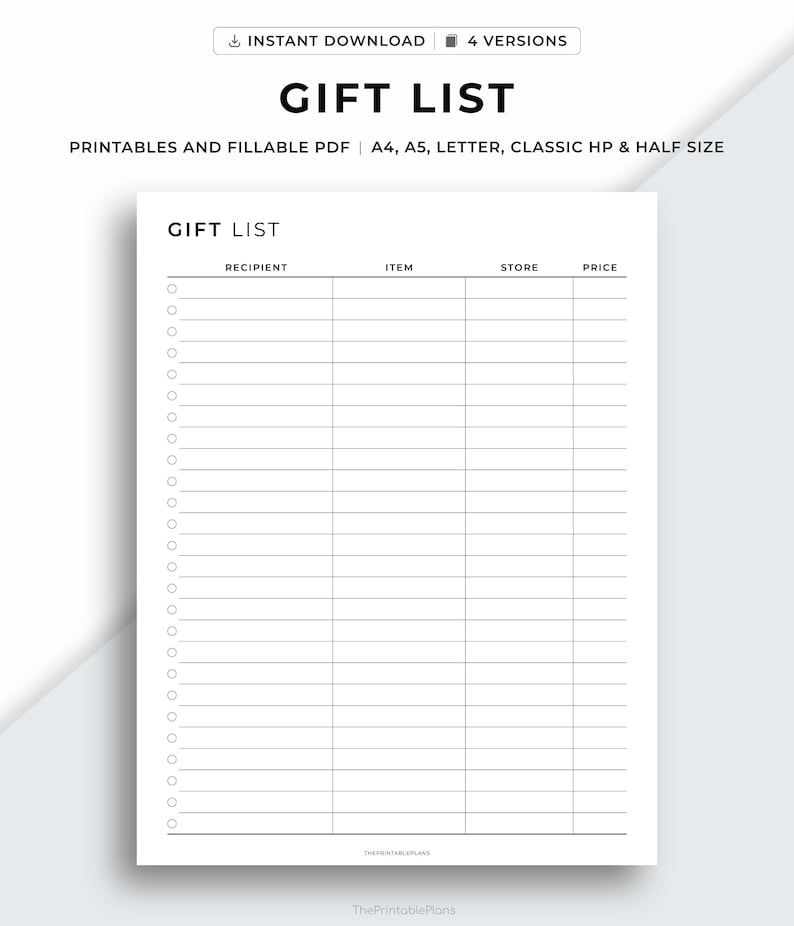 Simple Gift List Planner Printable Gift Ideas Gift Tracker - Etsy