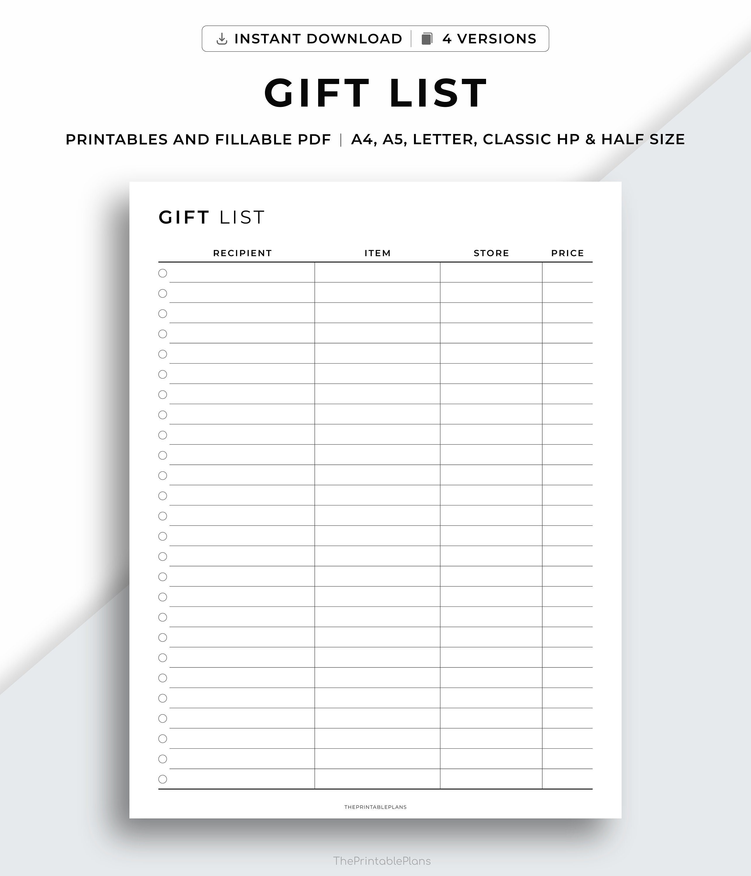 Simple Gift List Planner Printable Gift Ideas Gift Tracker - Etsy