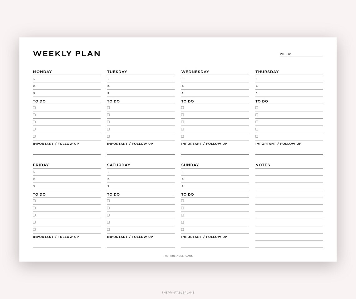 Weekly Planner Printable Landscape, Weekly Schedule, Week at a Glance ...