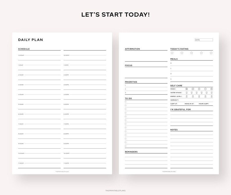 24 Hour Daily Planner on 2 Pages, Daily Hourly Planner Printable ...