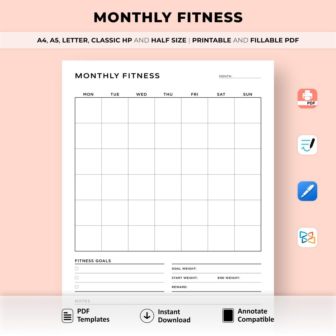 Monthly Fitness Planner Printable, Fitness Goal Setting, Workout ...