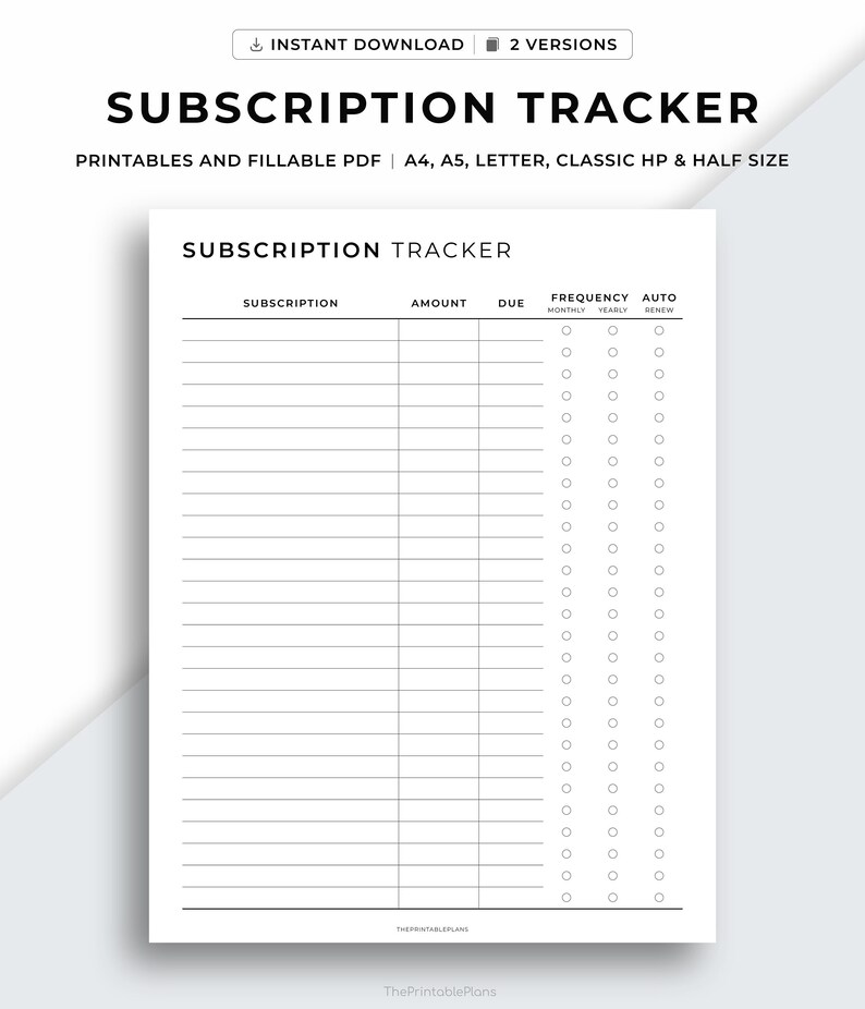 Subscription Tracker Printable, Membership Tracker, Subscription ...