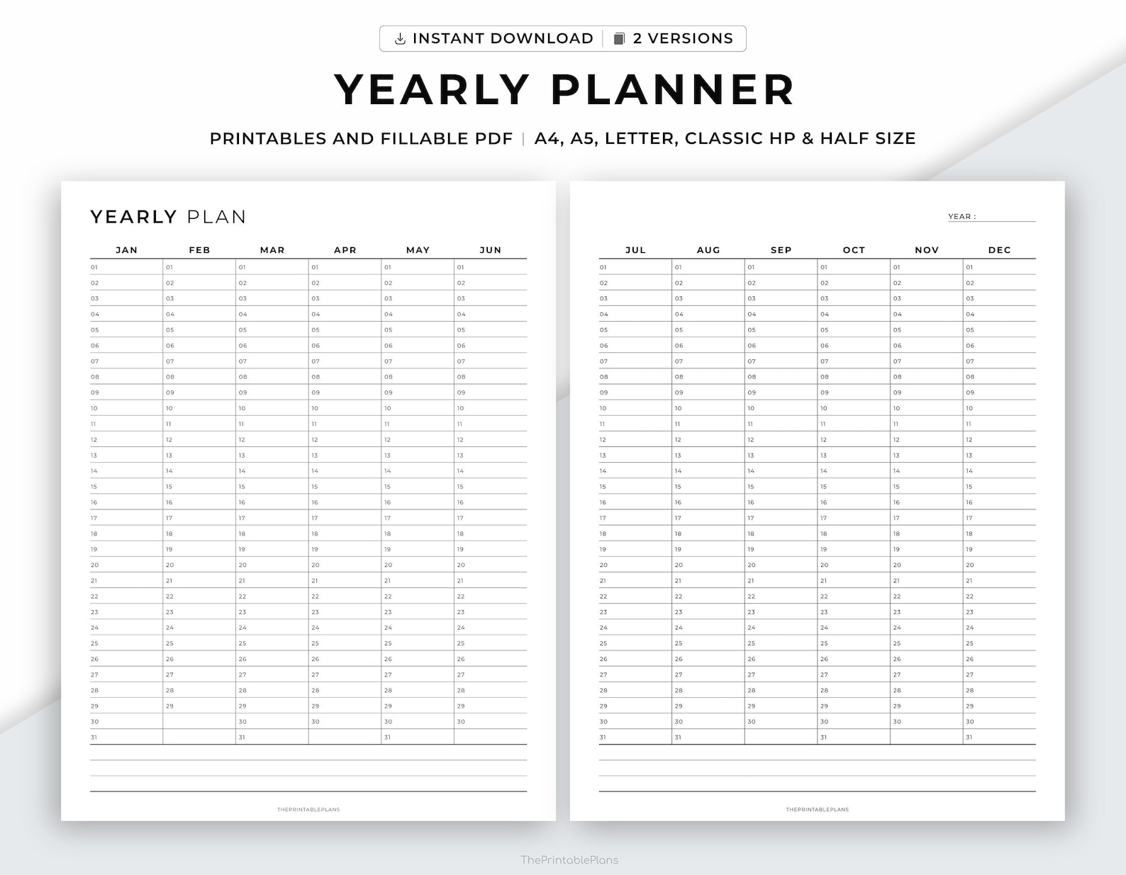 Yearly Planner Printable, Annual Planner, Yearly Overview, Year at a ...